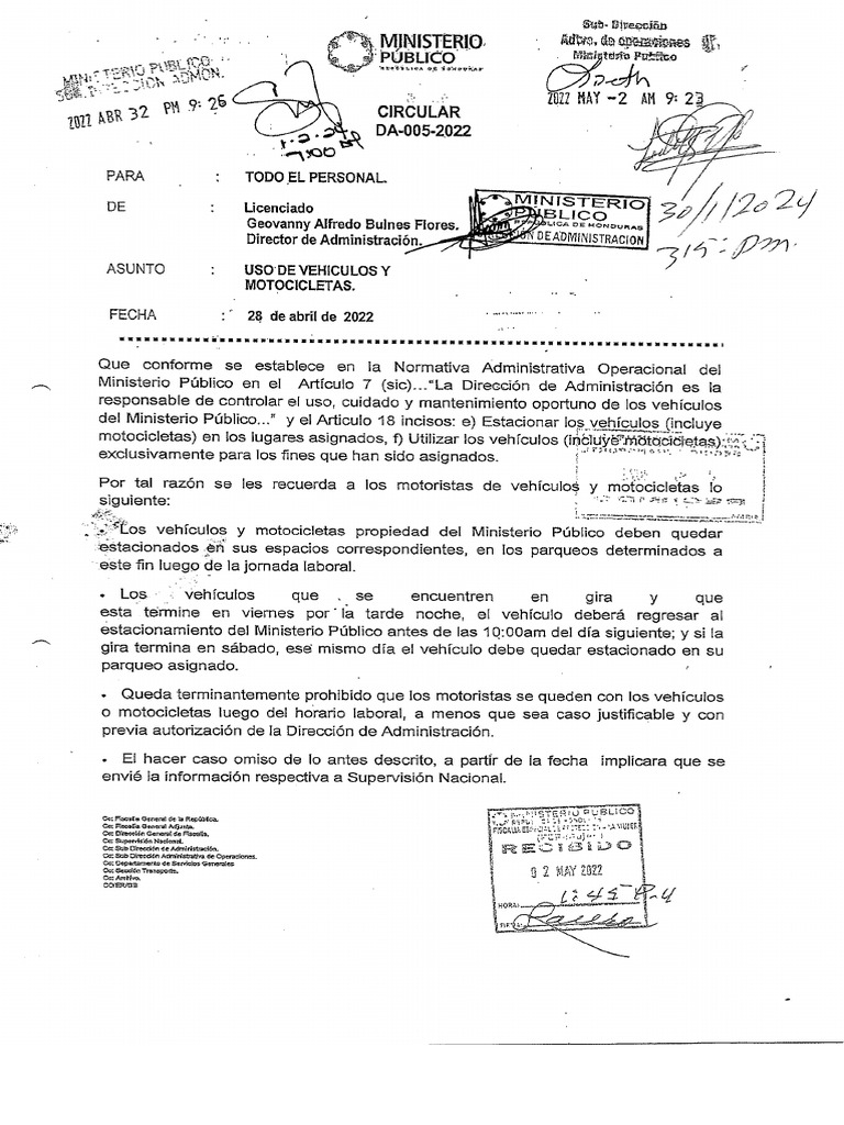 Circular D.A. - 005-2022, Uso de Vehiculos y Motocicletas | PDF