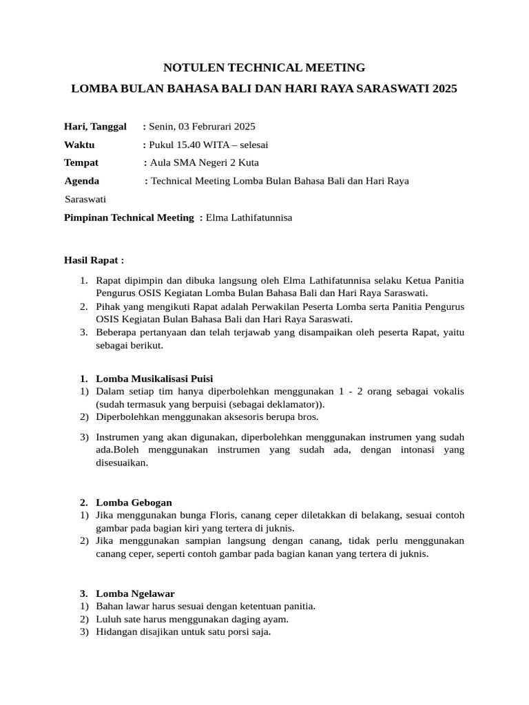 Notulen Technical Meeting Lomba Bulan Bahasa Bali Dan Hari Raya Saraswati 2025 | PDF
