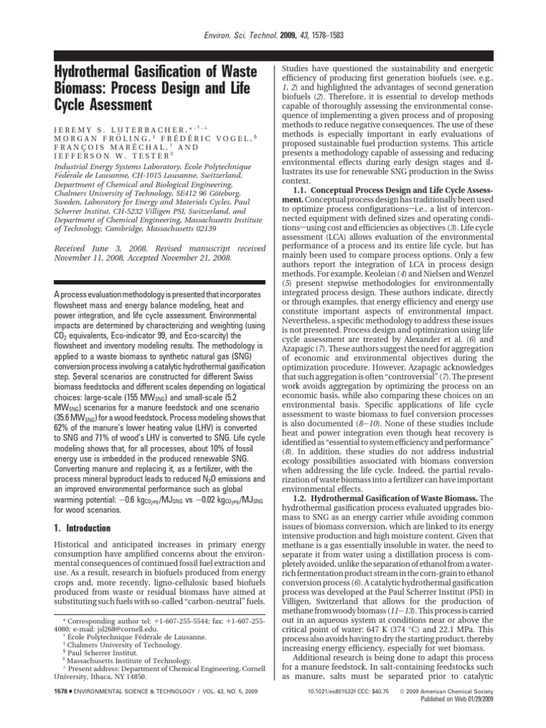 Hydrothermal Gasification of Biomass SNG | PDF | Life Cycle Assessment ...