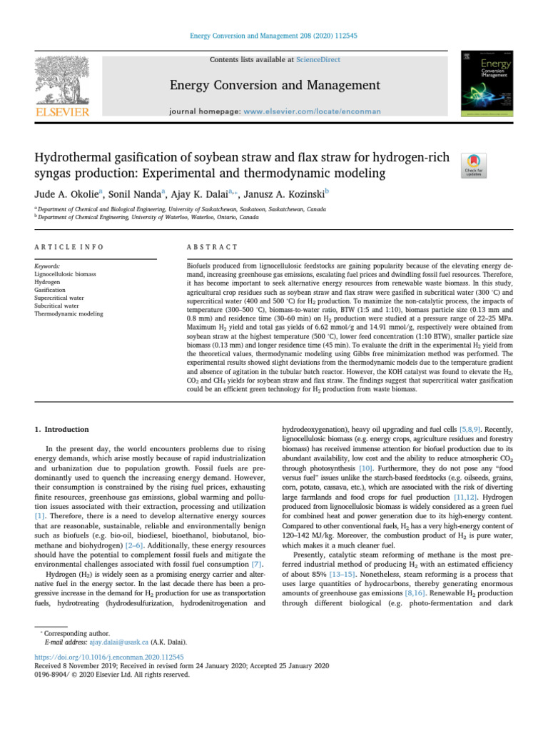 Hydrothermal Gasification of Soybean Straw and Flax Straw For Hydrogen ...
