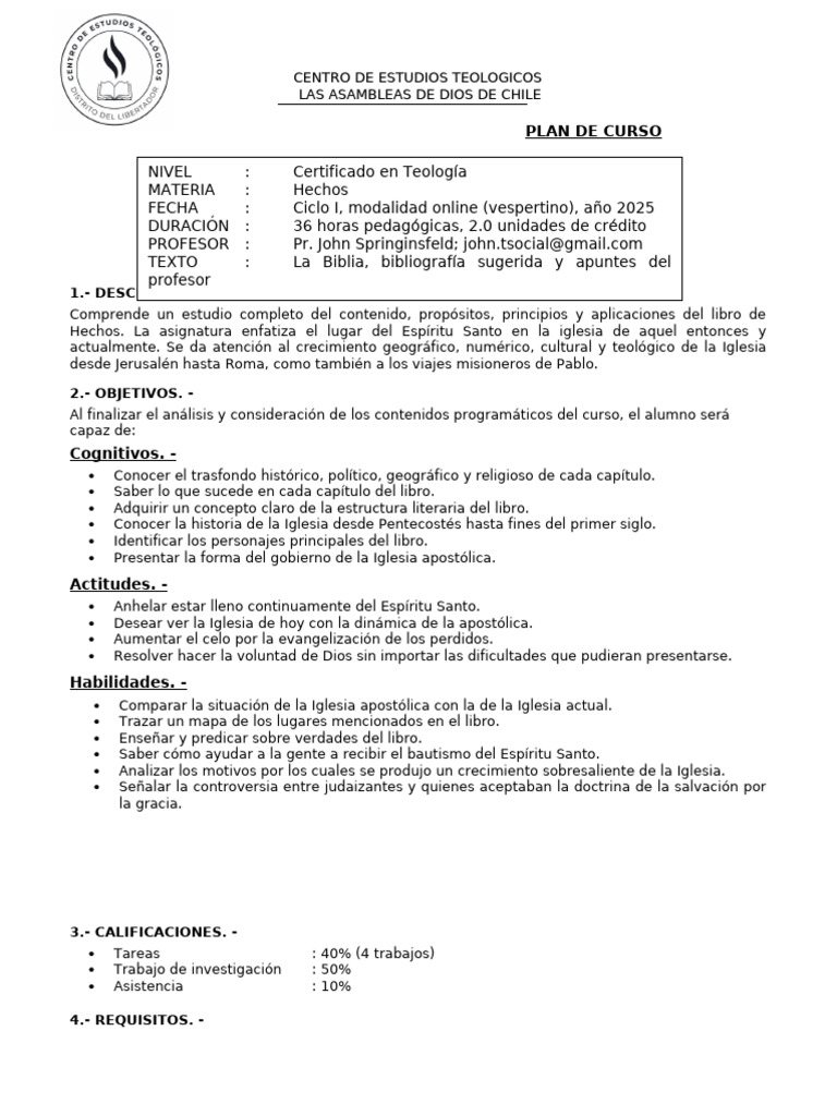 Plan de Curso Hechos 2025-1 | PDF | Pablo el apóstol | Misionero