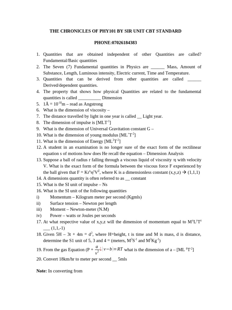 The Chronicles of Phy101 by Sir Unit CBT Standard | PDF | Force | Viscosity