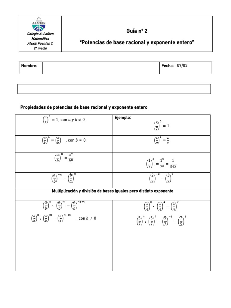 Guia N°1 - Potencias Base Racional y Exp Entero - 2M | PDF | División ...