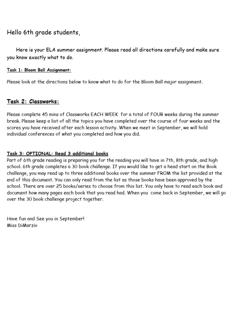 6th Grade Summer ELA 2021 | PDF