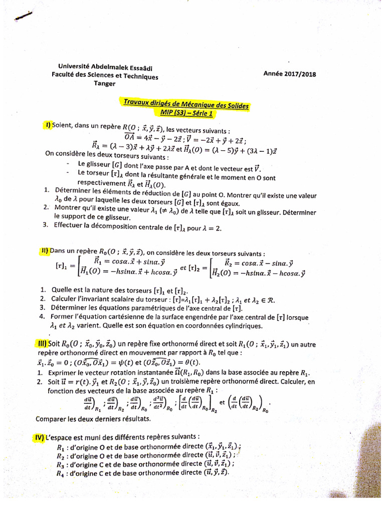 °TDs Mécanique de Solide FST TANGER 2018 | PDF