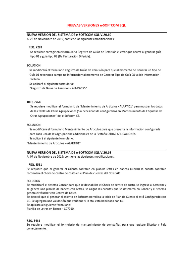 NUEVAS VERSIONES - e-SOFTCOM SQL 20191206 | PDF | Factura | SQL