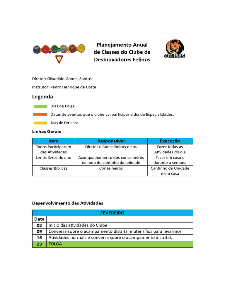 Planejamento de Classes Desbravador | PDF