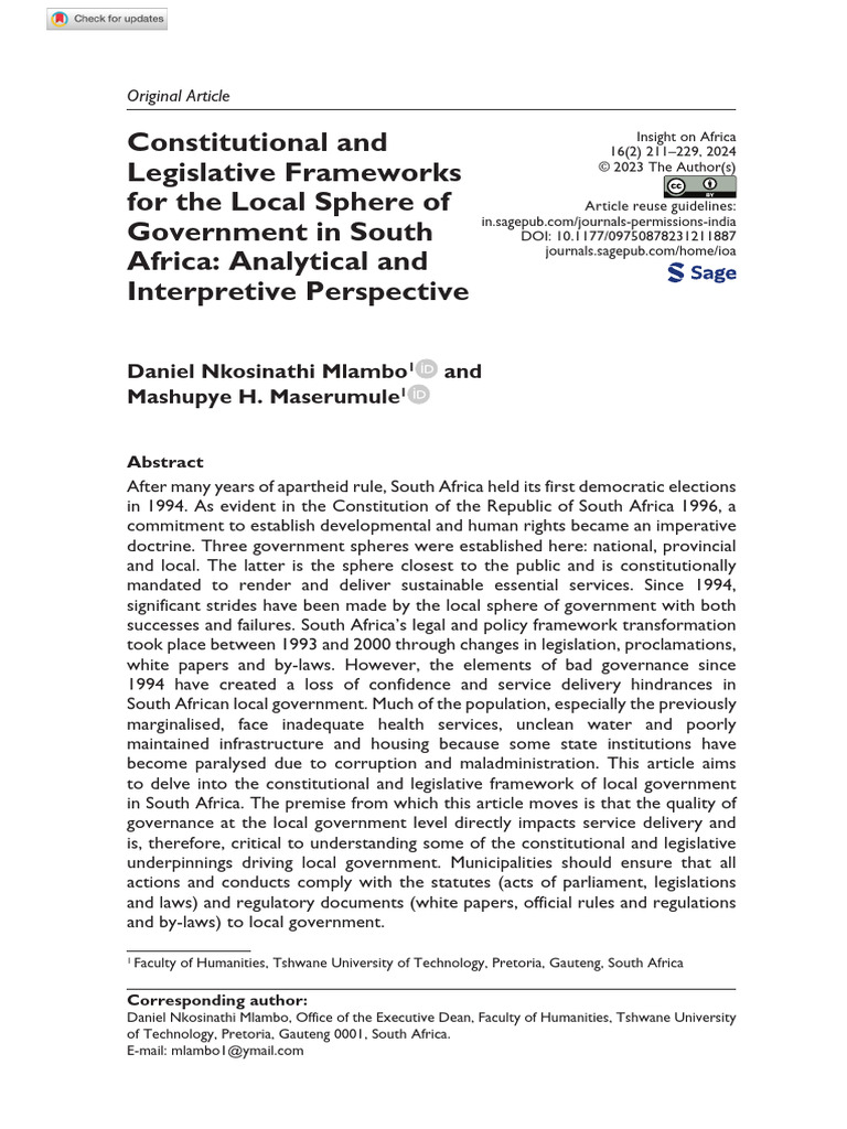 Mlambo Maserumule 2023 Constitutional and Legislative Frameworks For ...
