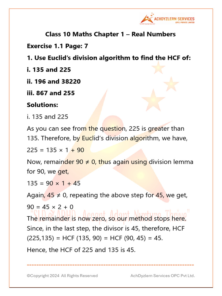 Class 10 Maths Chapter 1 - REAL NUMBERS EXERCISE SOLUTIONS | PDF | Algorithms And Data ...