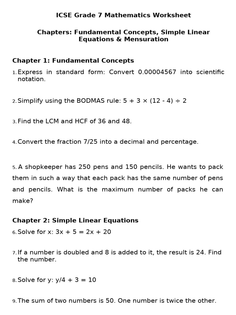 ICSE Grade7 Math Worksheet 6 | PDF