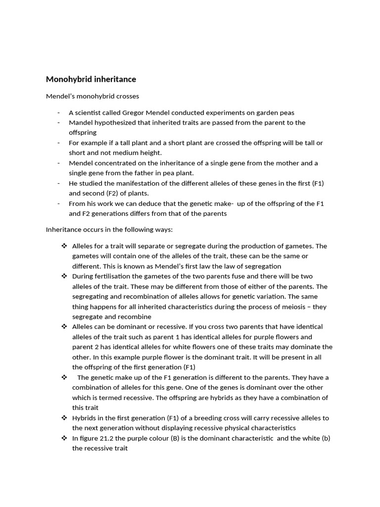 Monohybrid Inheritance Notes 2021 | PDF | Dominance (Genetics) | Genotype