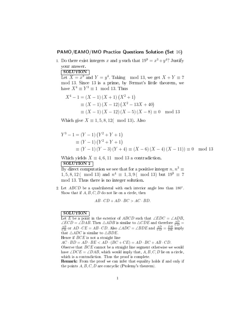 Olympiad Practice Questions Set 16 Solutions | PDF | Mathematics ...