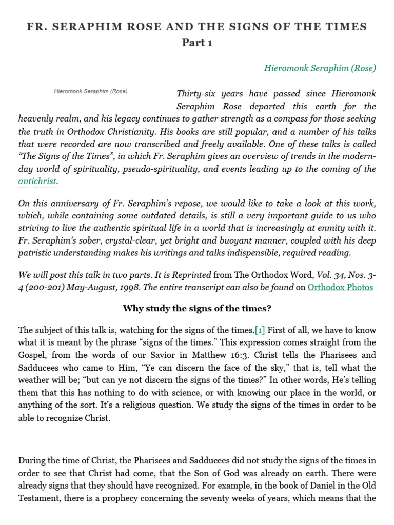 Fr. Seraphim Rose and The Signs of The Times | PDF | Jesus | Christian ...