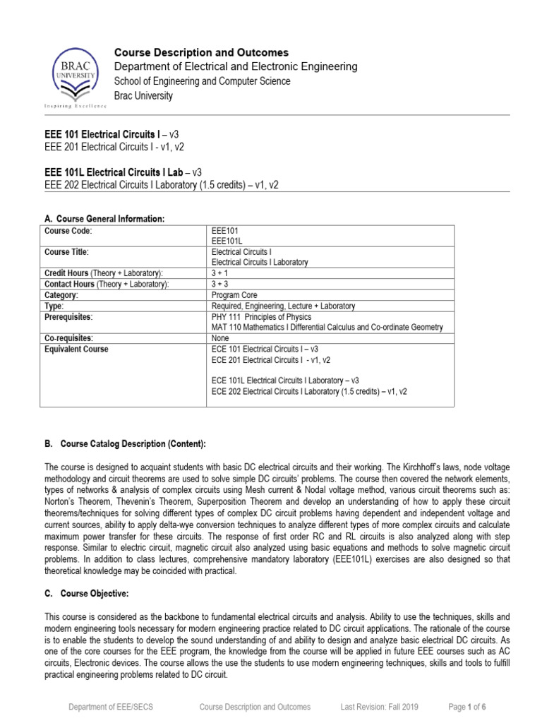 EEE101 - Electrical Circuits I - Course Description and Outcomes - Spring 25 | PDF | Electrical ...