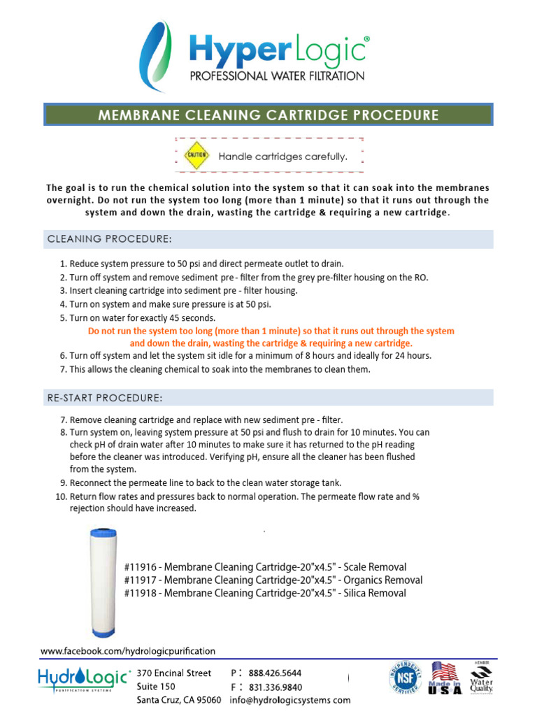 HyperLogic Membrane Cleaning Cartridge Instructions 2020 | PDF