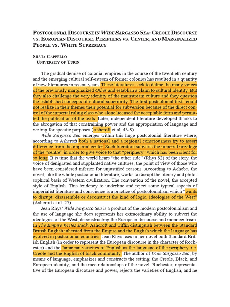 Postcolonial Themes in Wide Sargasso Sea | PDF | Jane Eyre