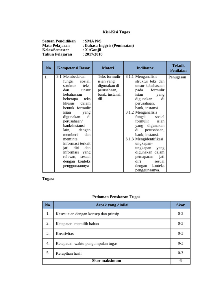 13.Kisi-Kisi Tugas | PDF