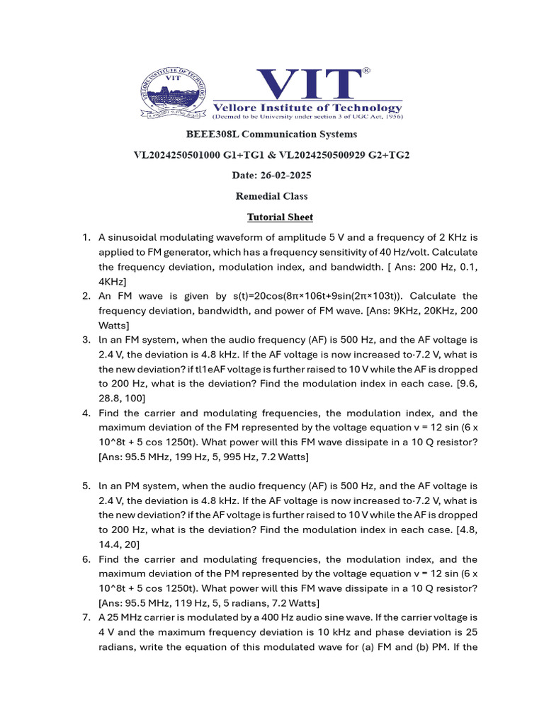 FM and PM System Calculations Guide | PDF | Frequency Modulation | Oscillation