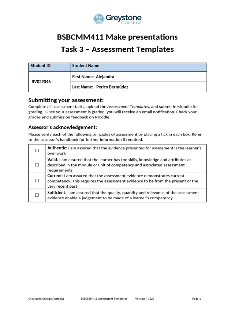BSBCMM411 Assessment Templates ALEJANDRA PERICO-V4.0323 | PDF ...