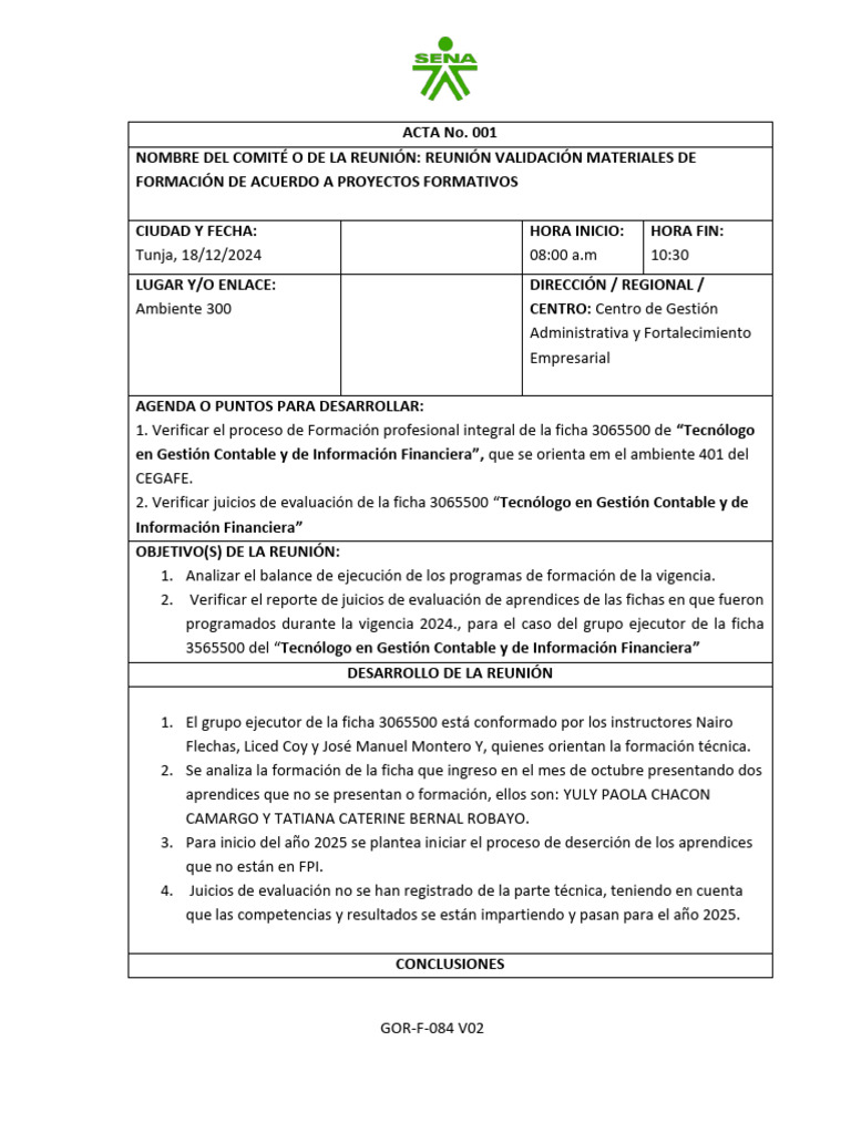 Acta 01 Equipo Ejecutor 3065500-1 | PDF | Información