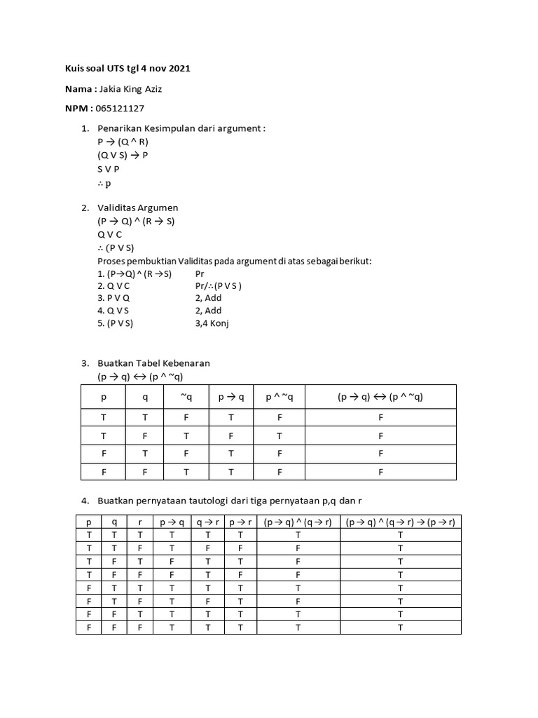 Kuis UTS Logika dan Validitas 2021 | PDF