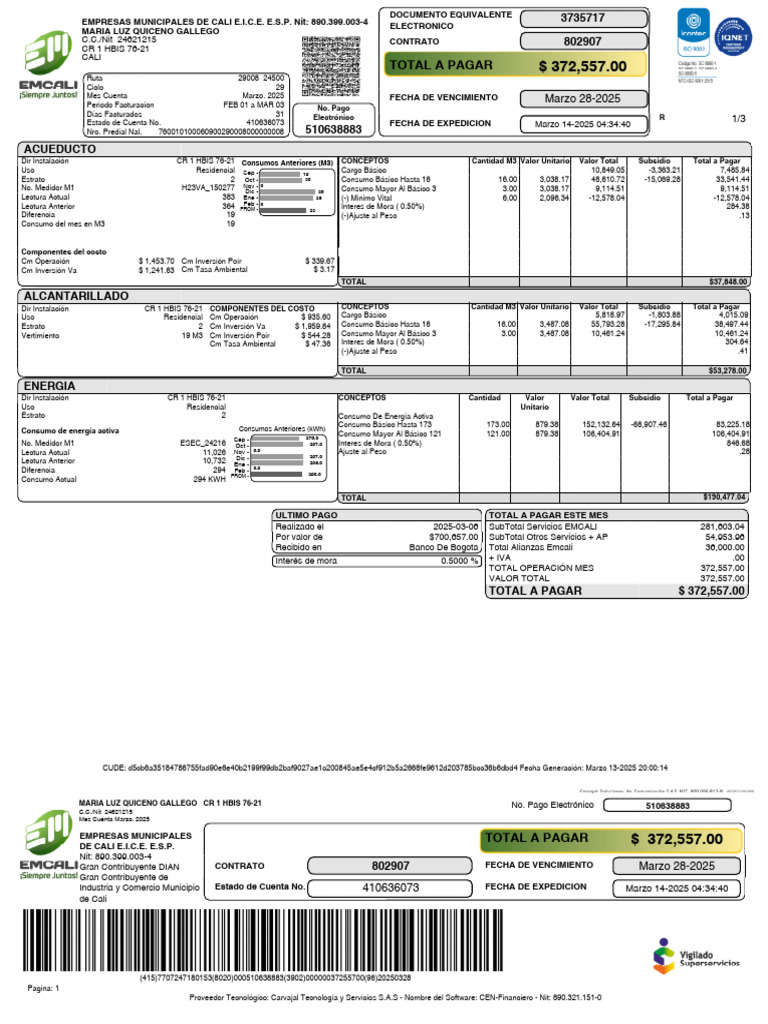 Factura EmCali 74 | PDF | Energia electrica
