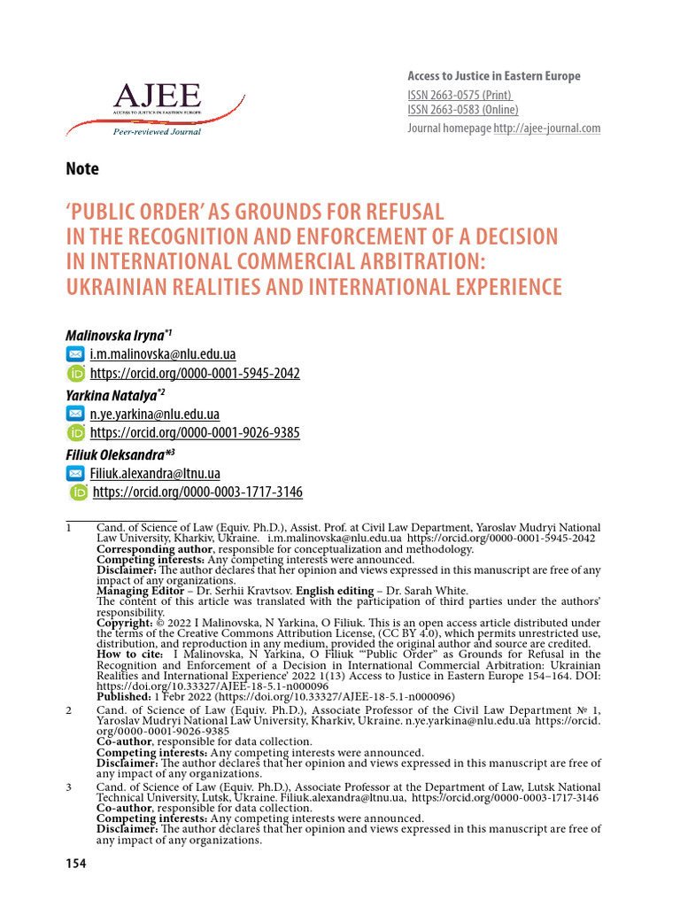 Public Order' As Grounds For Refusal in The Recognition and Enforcement ...