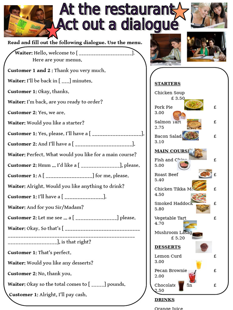 Ordering a Meal - Act out a dialogue! | PDF | Roasting | Bacon