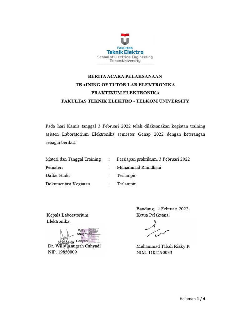 Berita Acara Training Asisten Lab Elektronika | PDF