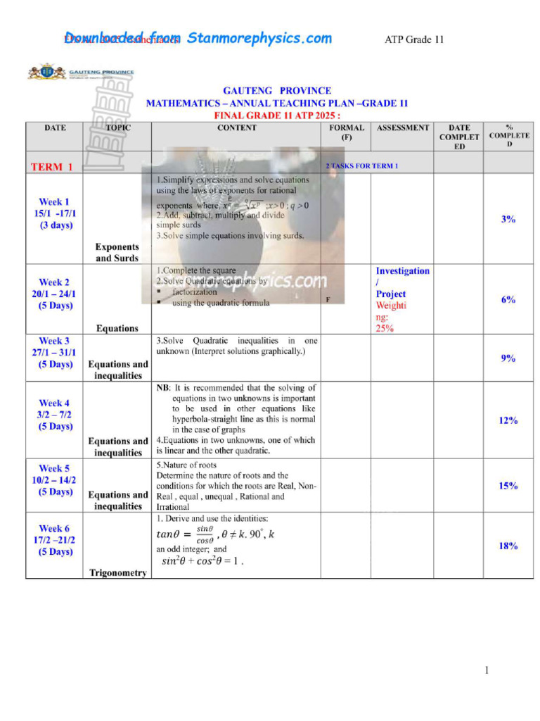 GP Maths Grade 11 ATP 2025 | PDF
