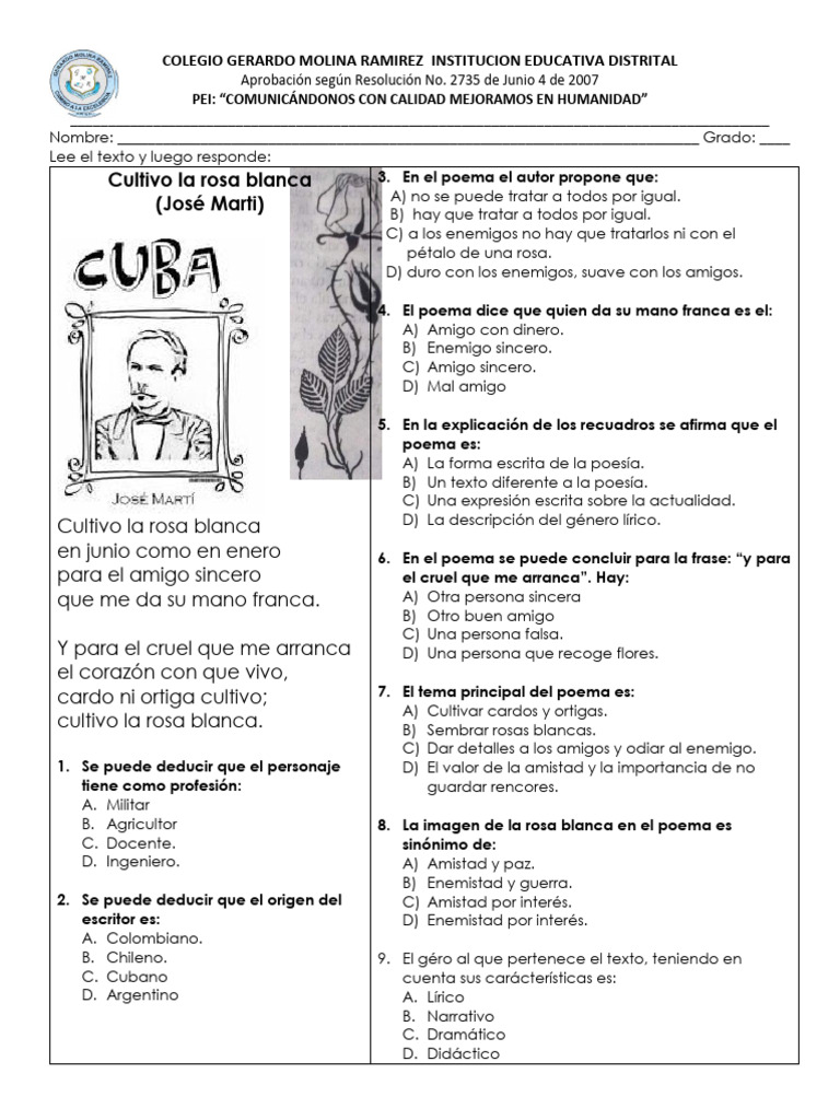 Taller Poema Cultivo La Rosa Blanca | PDF