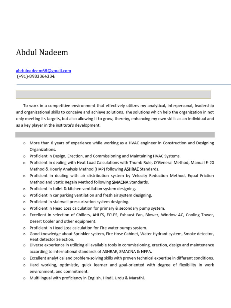 Abdul Nadeem MEP HAVC CV For Mumbai-1 | PDF | Temperature | Building Technology