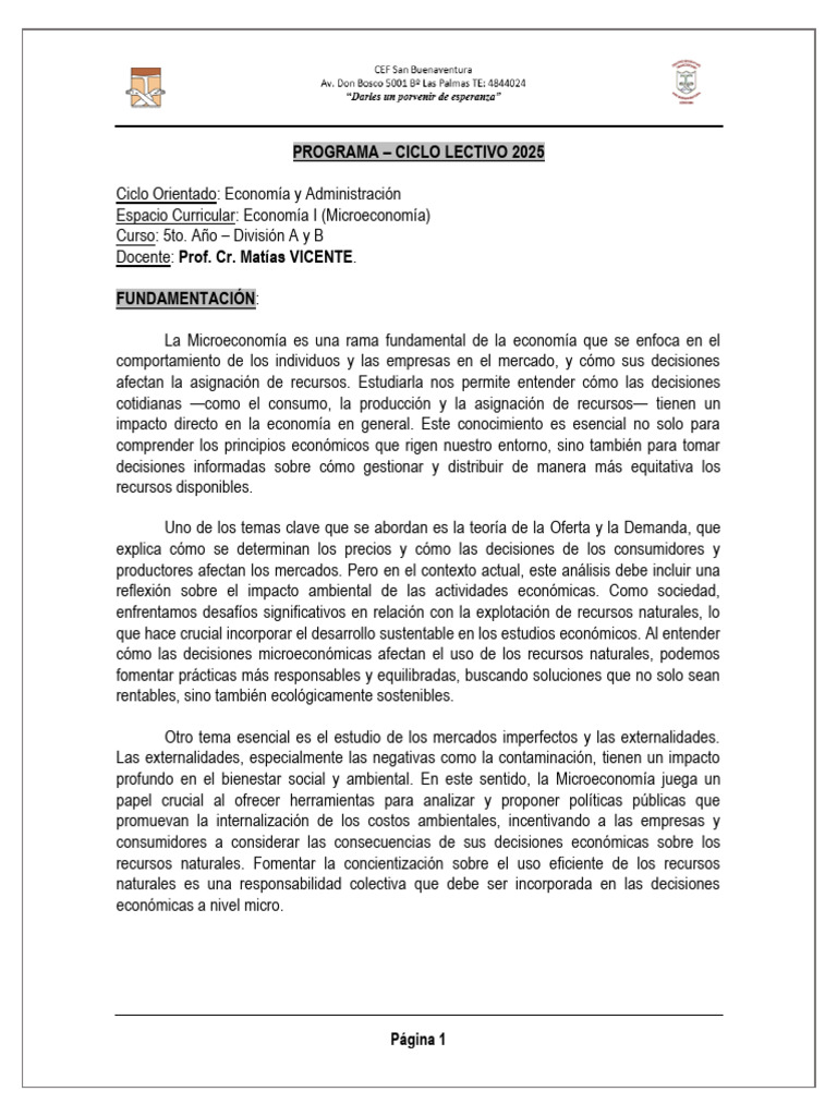 Programa 2025 - Economía I - Microeconomía (5to. Año A + 5to. Año B) | PDF | Sustentabilidad ...