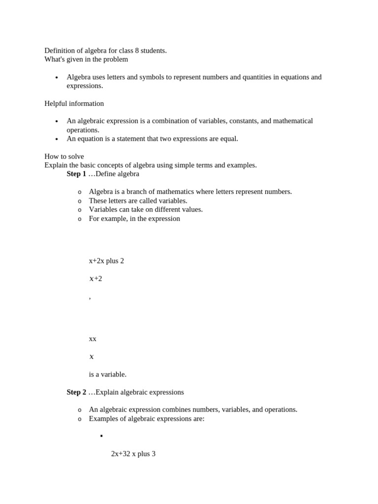 Definition of Algebra For Class 8 Students | PDF | Algebra | Equations
