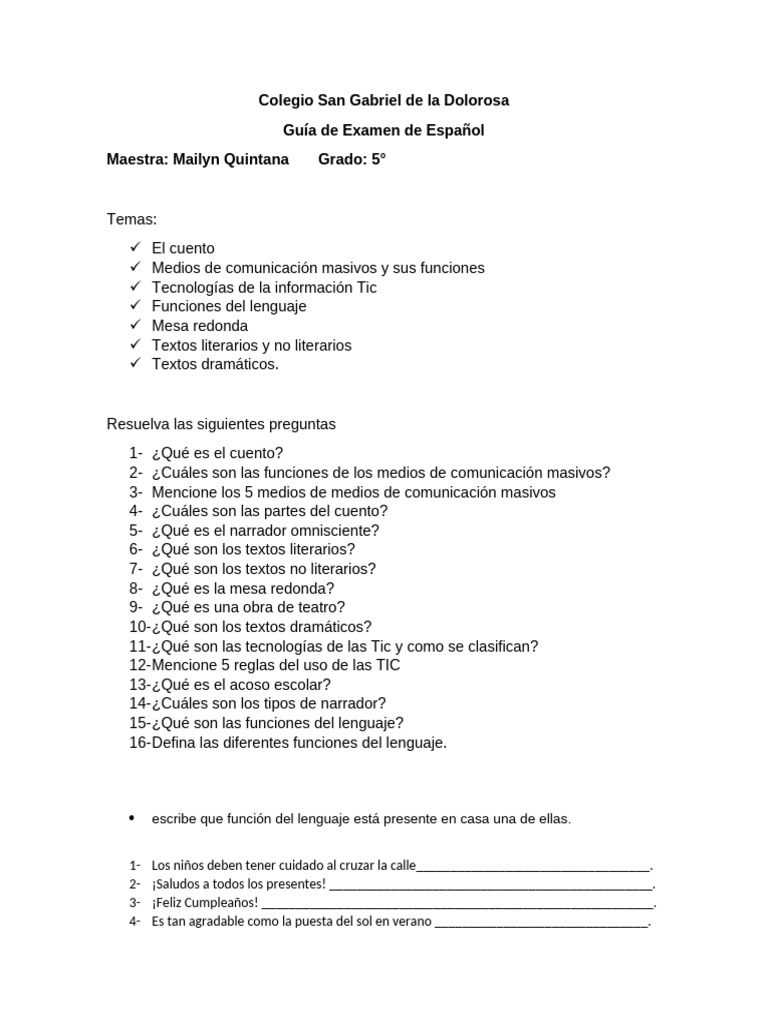 Gu a de Examen de Espa ol | PDF
