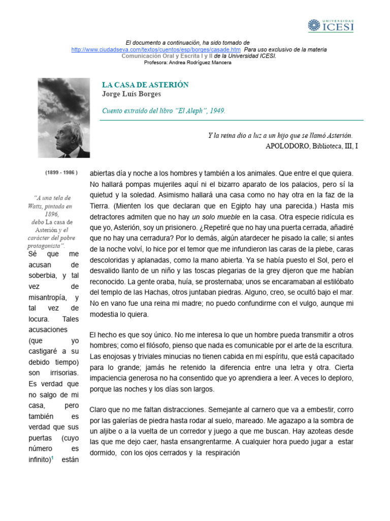 La Casa de Asterión: Cuento de Borges | PDF | Teseo