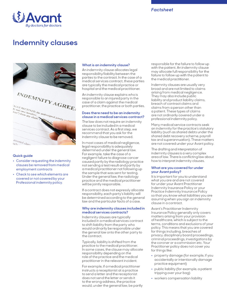 Avant Factsheet - Indemnity Clauses | PDF | Indemnity | Legal Liability