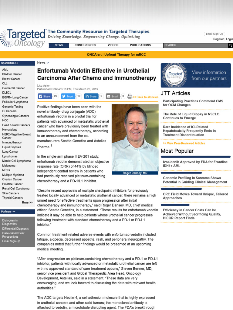 Enfortumab Vedotin Effective in Urothelial Carcinoma After Chemo and ...