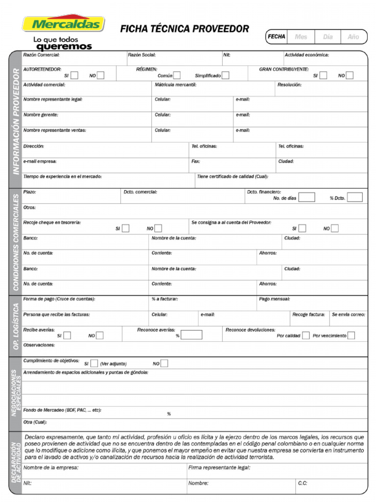 Ficha Técnica Proveedor Para Diligenciar (2) | PDF
