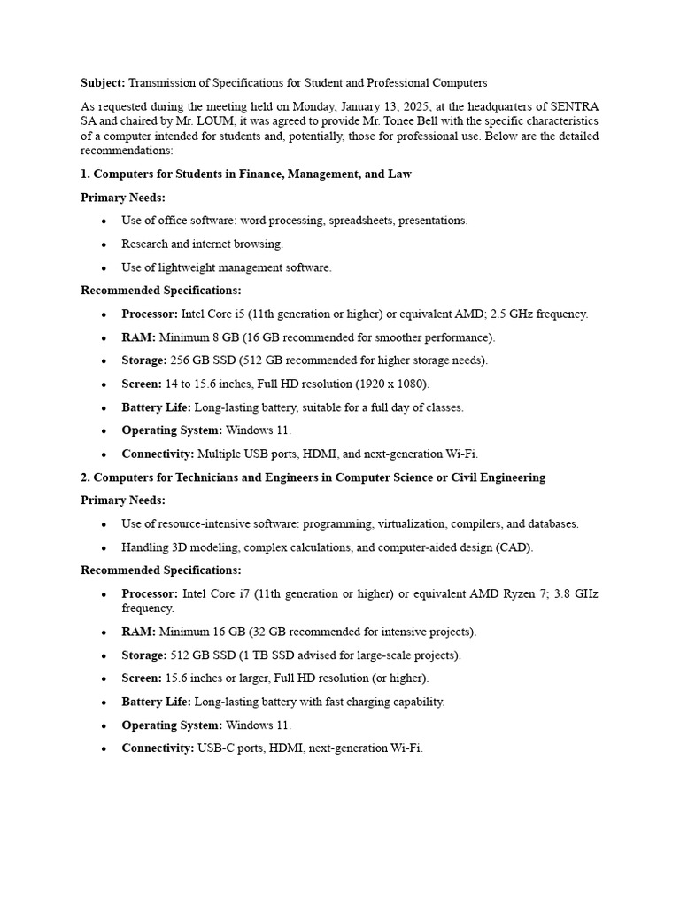 Transmission of Specifications For Student and Professional Computers | PDF