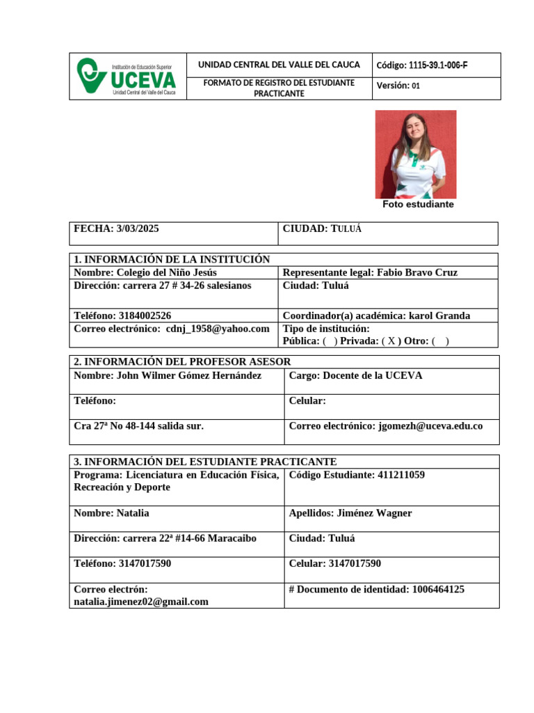 Formato de Registro Del Estudiante Prácticante | PDF