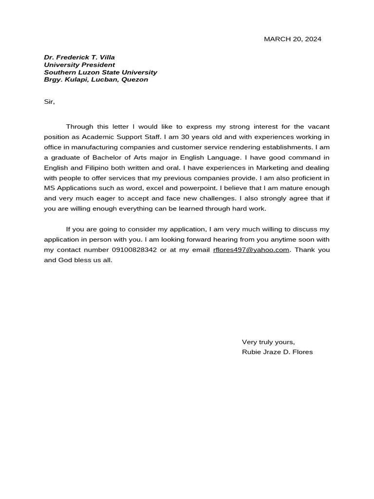 Application Letter (SLSU) | PDF