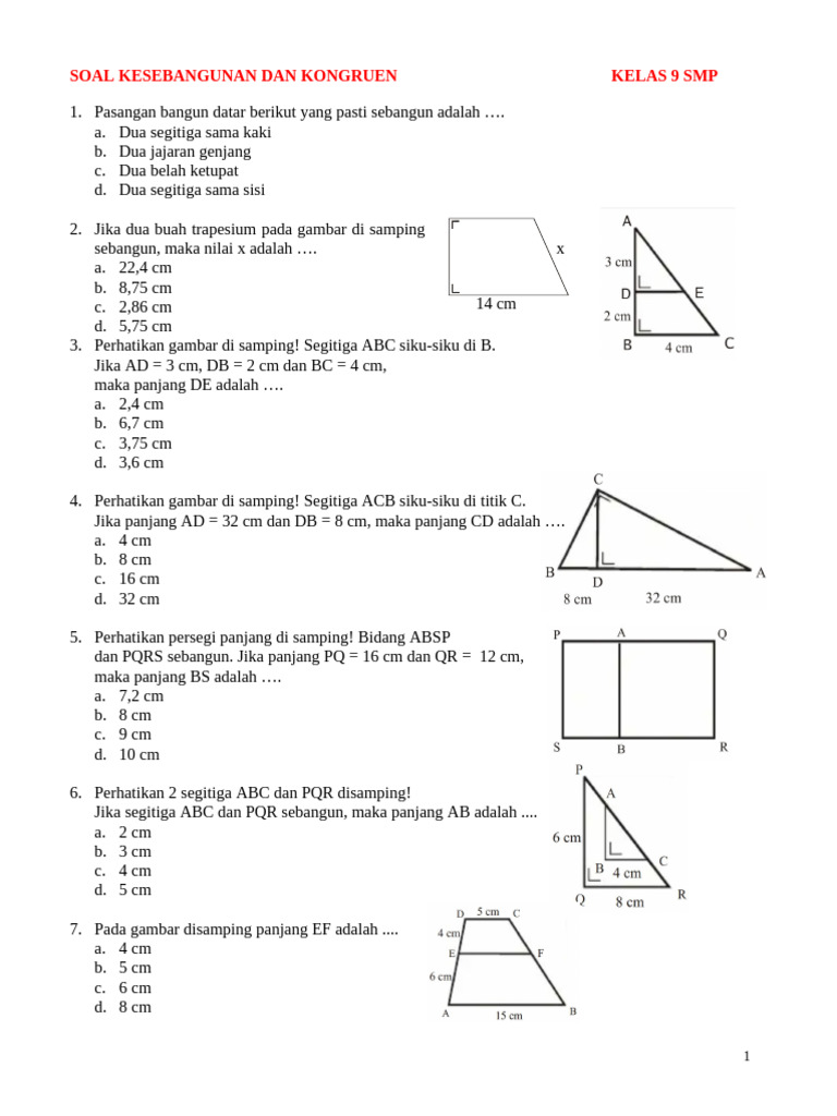 Soal Dan Pembahasan Kesebangunan Dan Kongruen Kelas 9 SMP | PDF