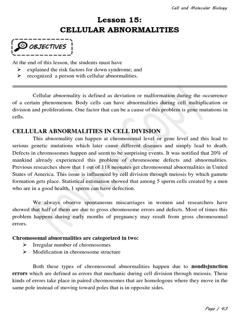 Lesson 15 - Cellular Abnormalities | PDF | Down Syndrome | Chromosome