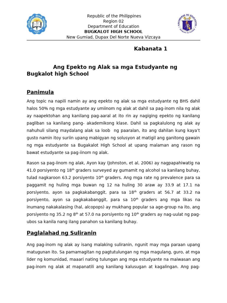 Ang Apekto NG Alak Sa Mga Estudyante NG Bugkalot High School | PDF