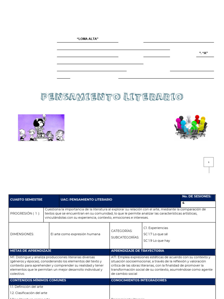 B I - Pensamiento Literario - p1-p2-p3 - Sem B - 24-25 - MRCM | PDF | Maestros | Aprendizaje