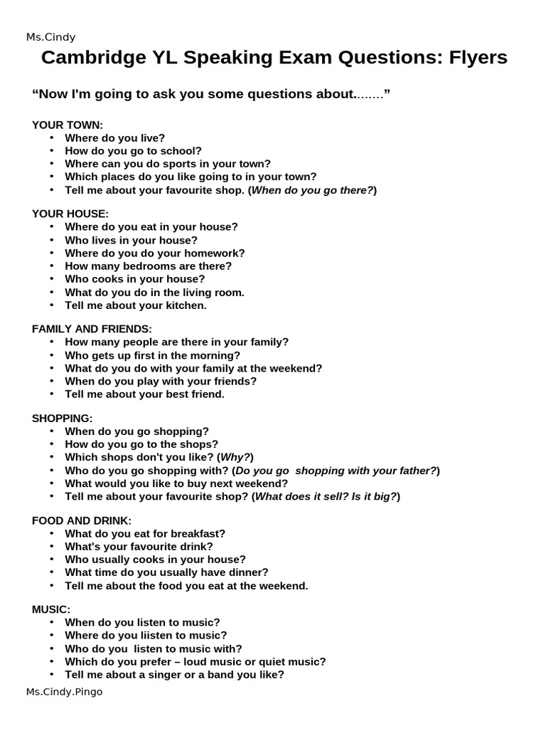 Cambridge YL Flyers Speaking Exam Part 4 Questions 3 | PDF