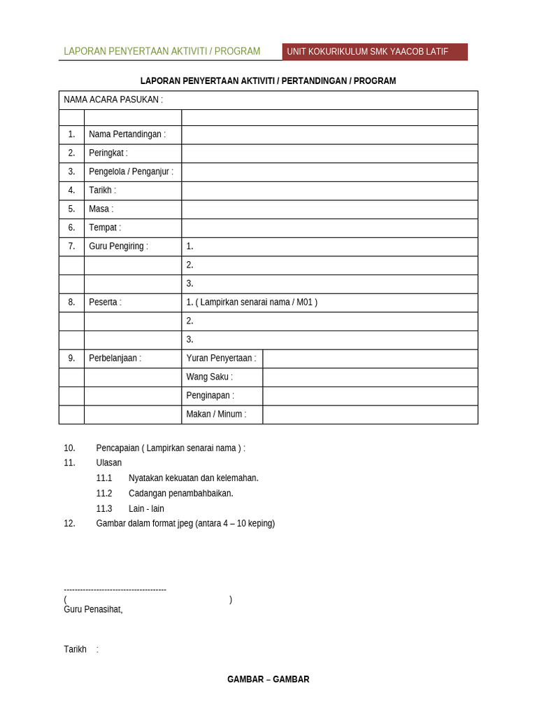 Borang Laporan Penyertaan Aktiviti & Pertandingan | PDF