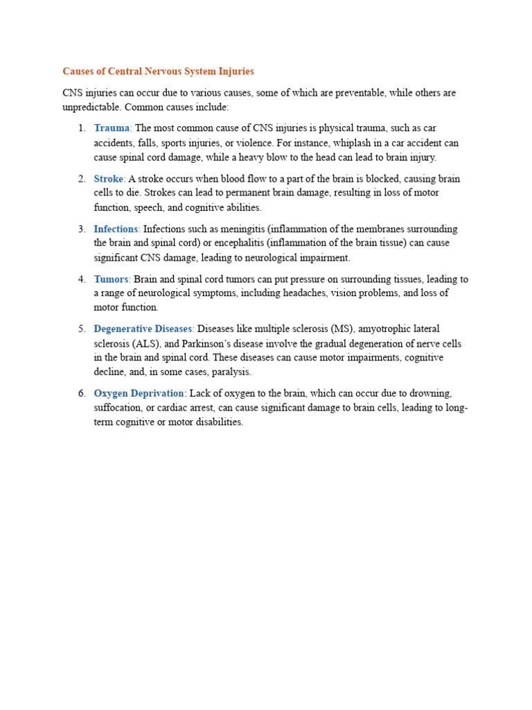 Causes of Central Nervous System Injuries | PDF