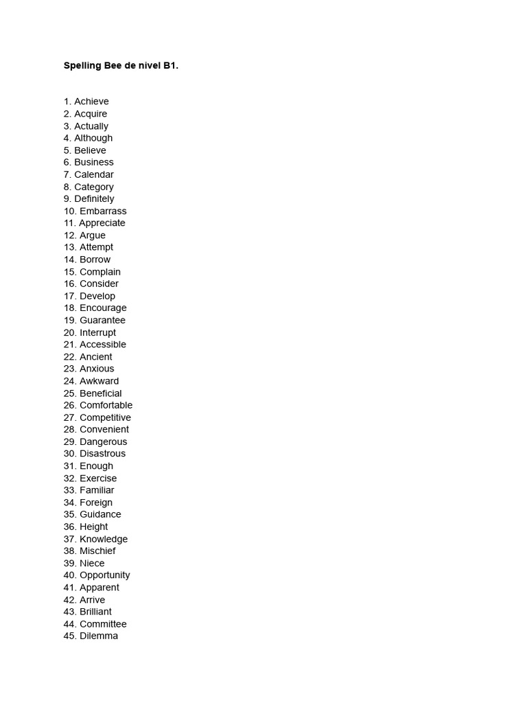 B1 Spelling Bee Word List | PDF